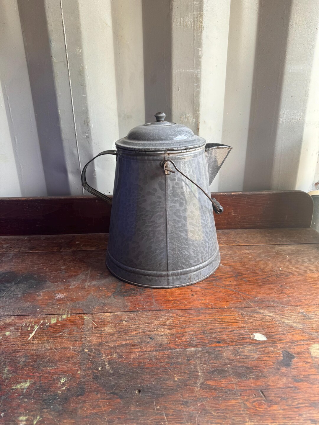 Vintage Large Enamelware Coffee Pot, Gray Mottled Enamelware, Farmhouse ...