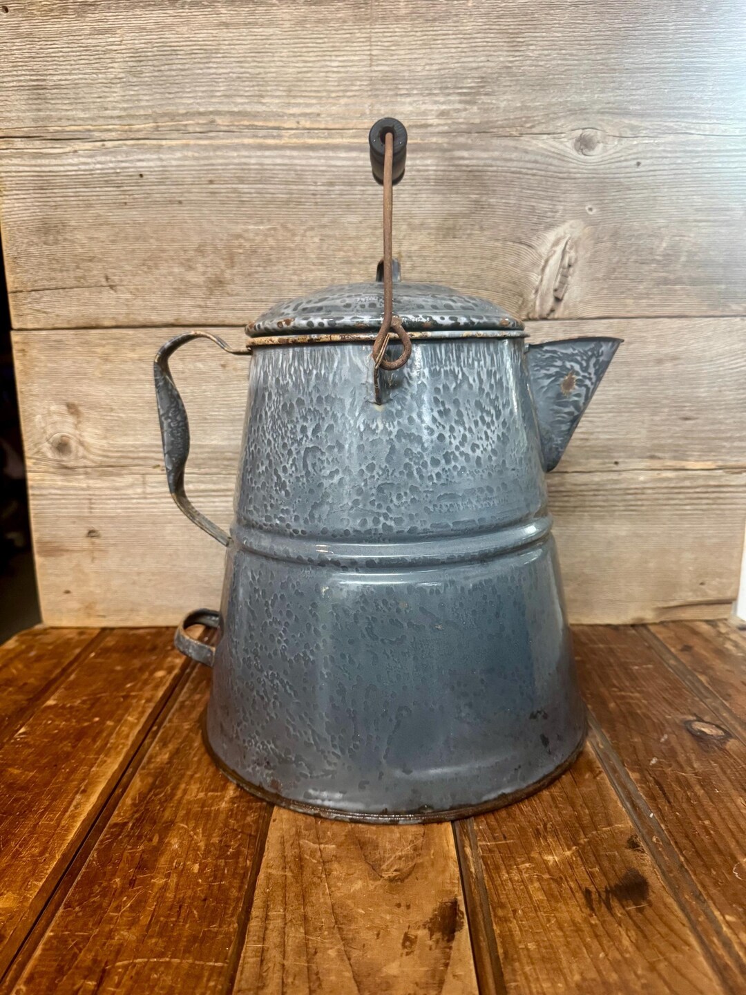 Vintage Large Enamelware Coffee Pot, Gray Mottled Enamelware, Farmhouse ...