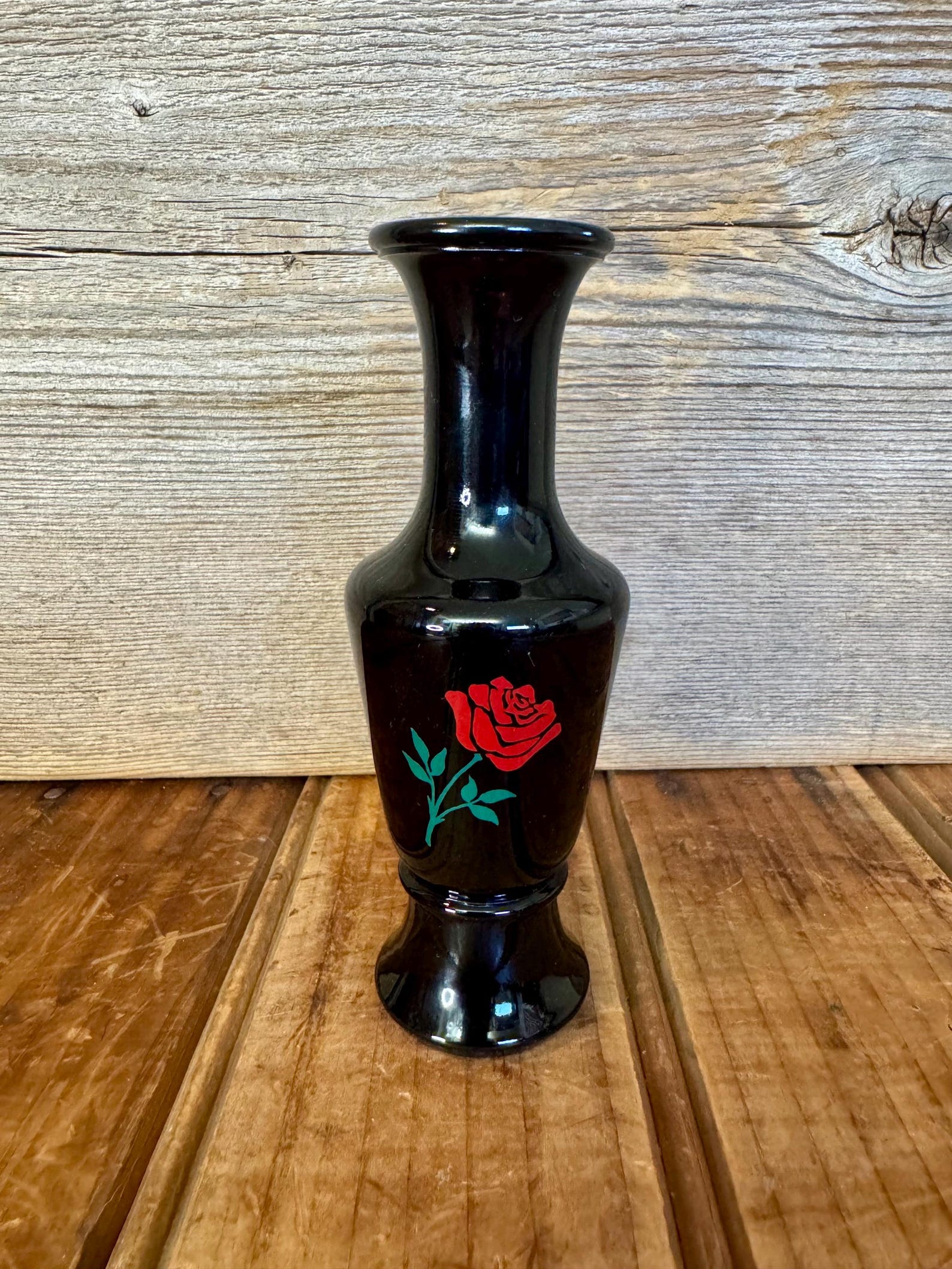 Vintage Black Vase With Red Rose, Vintage Wheaton Glass Company Open ...