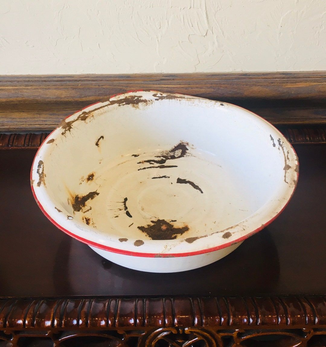 Vintage Enamelware Bowl, Vintage Enamelware Bowl With Red Trim, Large ...