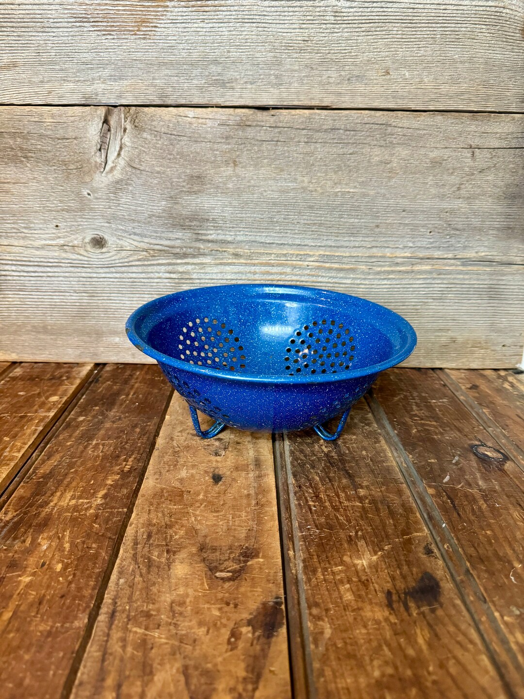 Vintage Round Pattern Blue Colander, Vintage Blue Enamelware Colander ...
