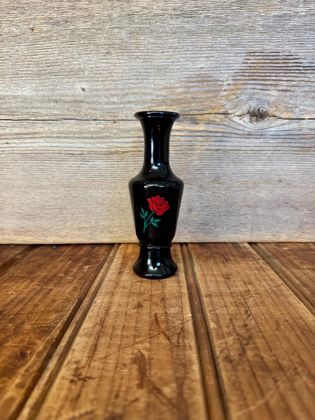 Vintage Black Vase With Red Rose, Vintage Wheaton Glass Company Open ...