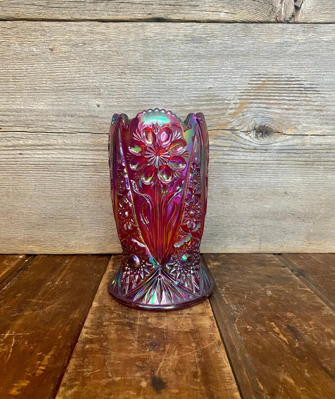 Vintage Red Carnival Glass Vase Vintage Imperial Glass Cosmos Etsy