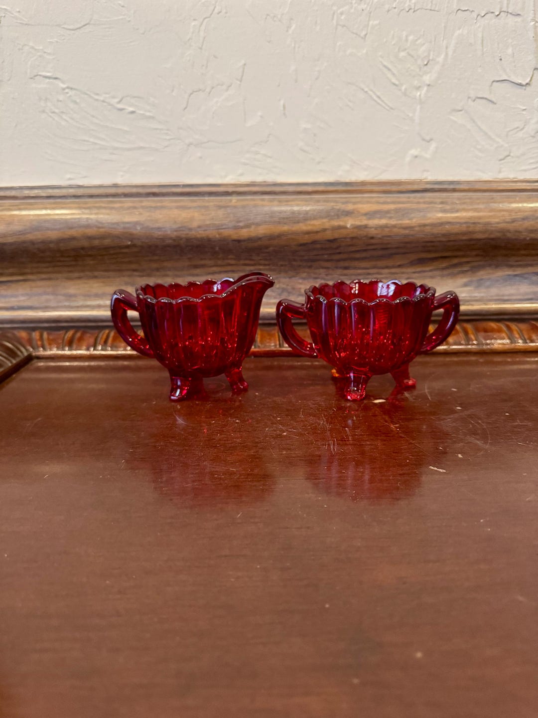 Vintage Imperial Glass Pillar Flute Ruby Creamer and Open Sugar ...