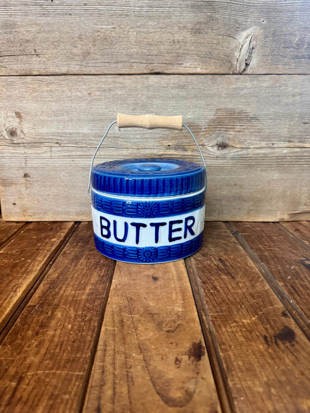 Primitive Butter Crock Jar, Vintage Blue White Stoneware Butter Crock ...