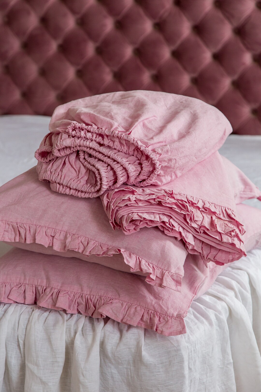 Stone Washed Linen Sheet Set With Ruffles, Linen Sheet Set, Sheet Set ...