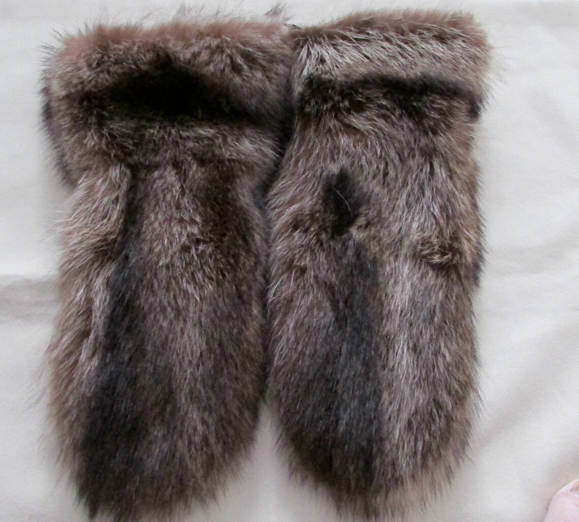 Racoon Fur and Black Leather Long Mittens S, M, L, Xl, 2XL Sizes ...