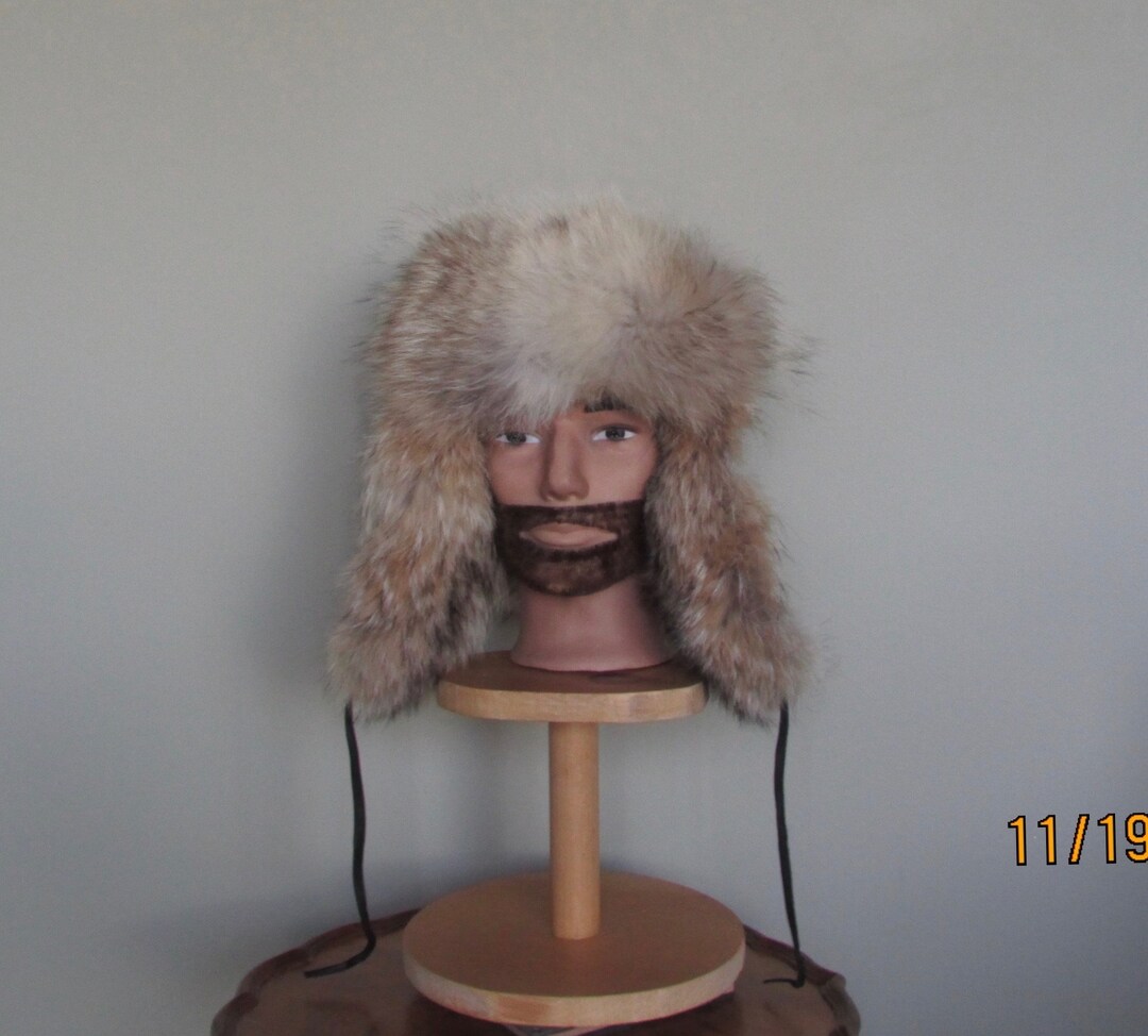 Coyote Fur Hat With Black Lamb Leather Top, Available in M and L Sizes ...