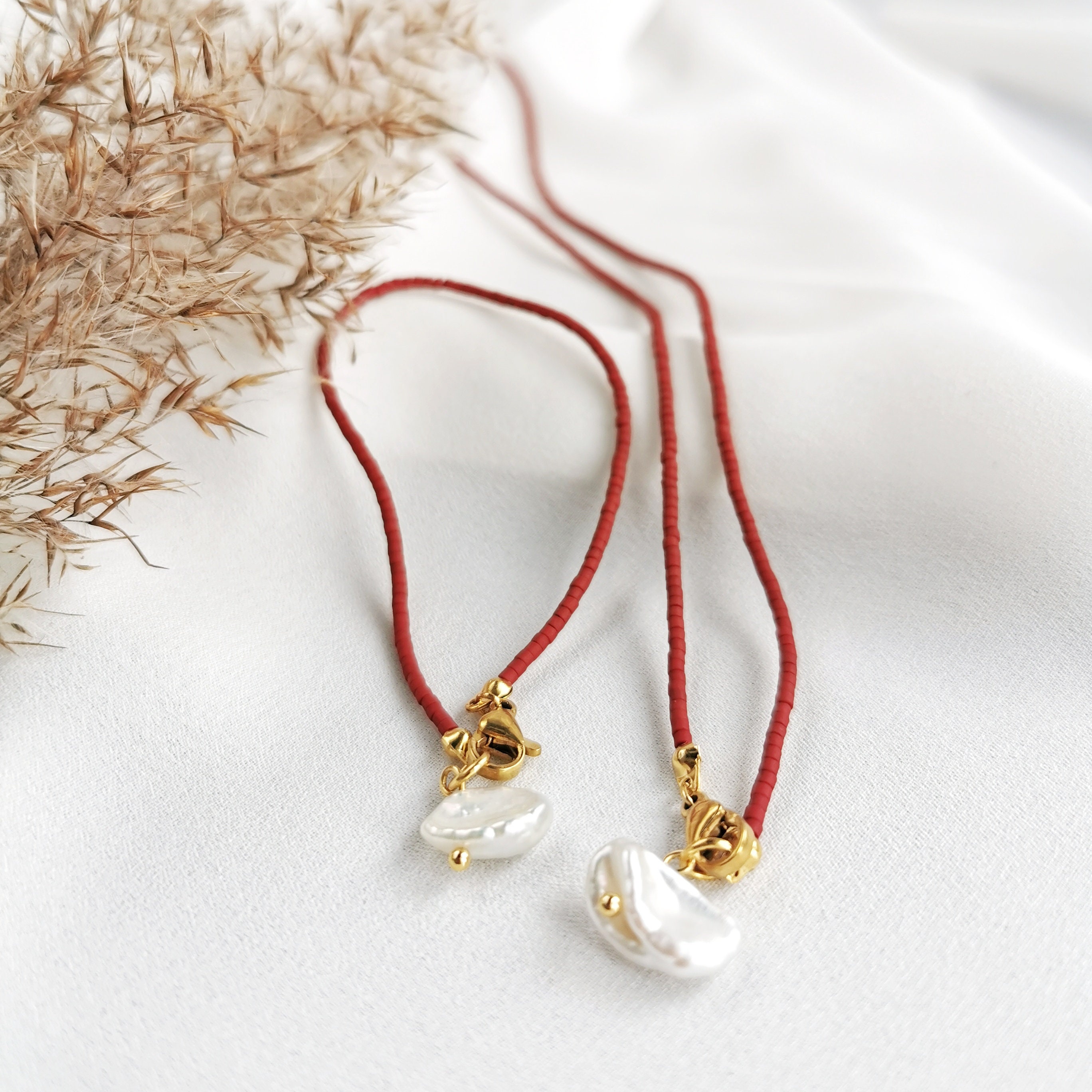 Red Miyuki Beaded Bracelet: Keshi Pearl Pendant - Etsy