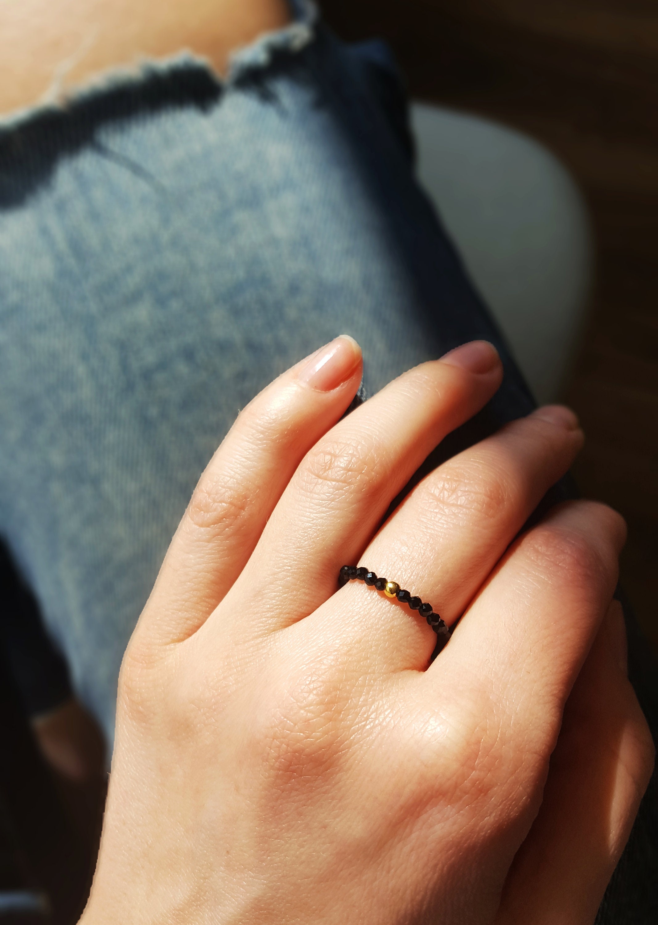 Black Spinel Stretch Ring: Beaded Gemstone Stackable Ring - Etsy UK