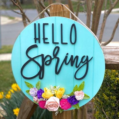 Hello Spring With Flowers Door Sign Easter Door Hanger Front - Etsy