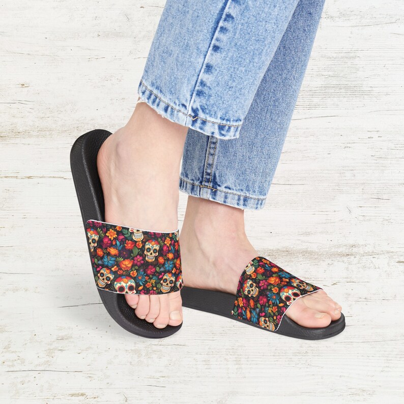 Floral Sugar Skull Art Slide Sandals, Day of the Dead Art Shoes, Women ...