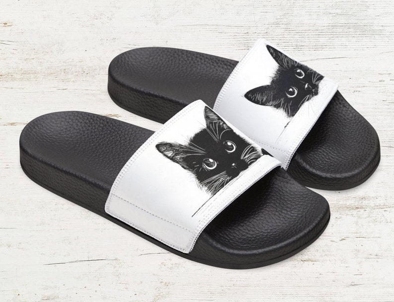 Double Cute Black Cat Art Slide Sandals, Two Black Cat Slip-on Shoes ...