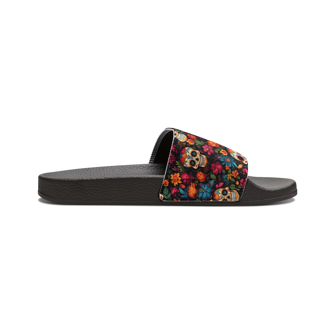 Floral Sugar Skull Art Slide Sandals, Day of the Dead Art Shoes, Women ...