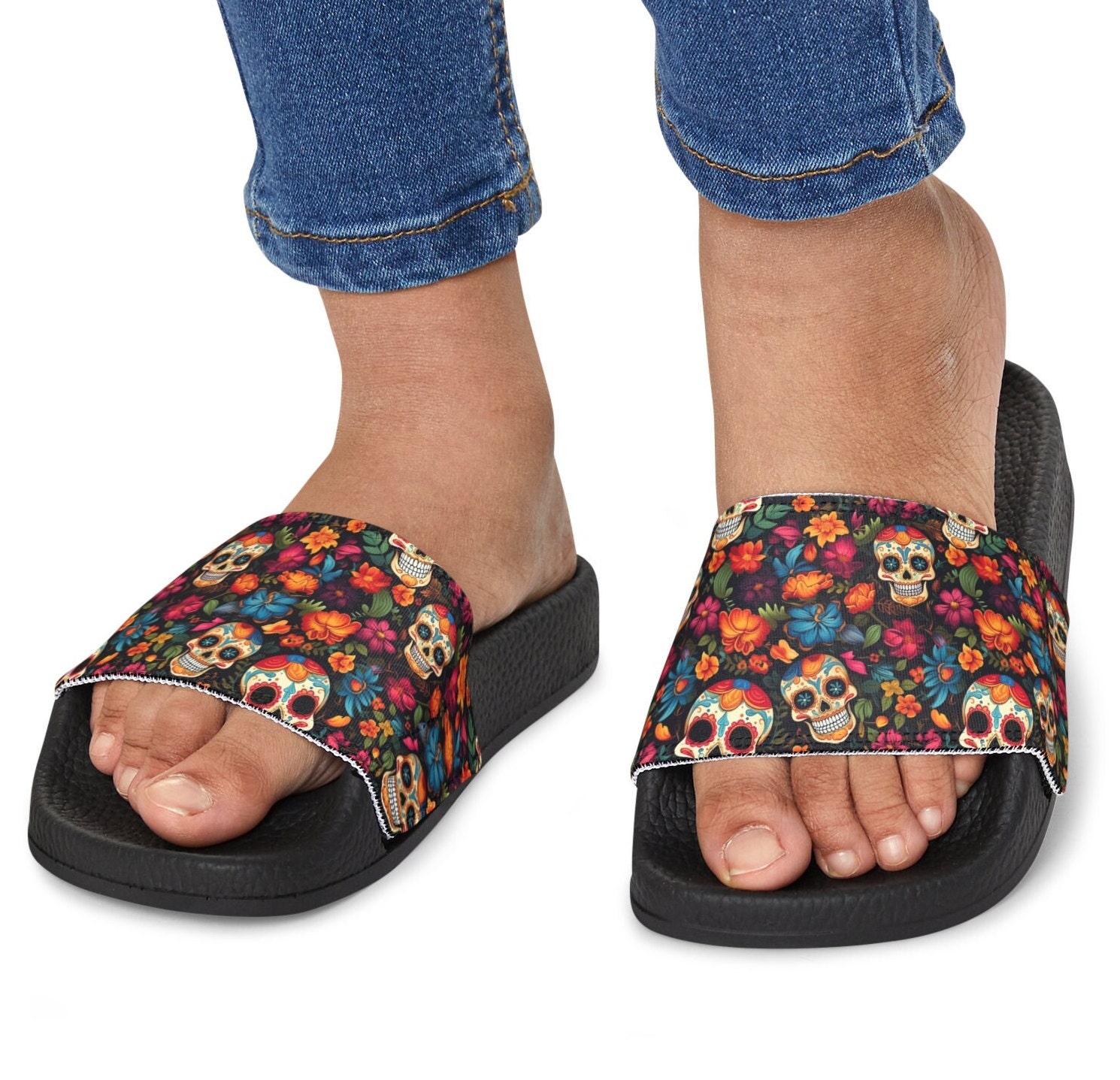 Floral Sugar Skull Art Slide Sandals, Day of the Dead Art Shoes, Women ...