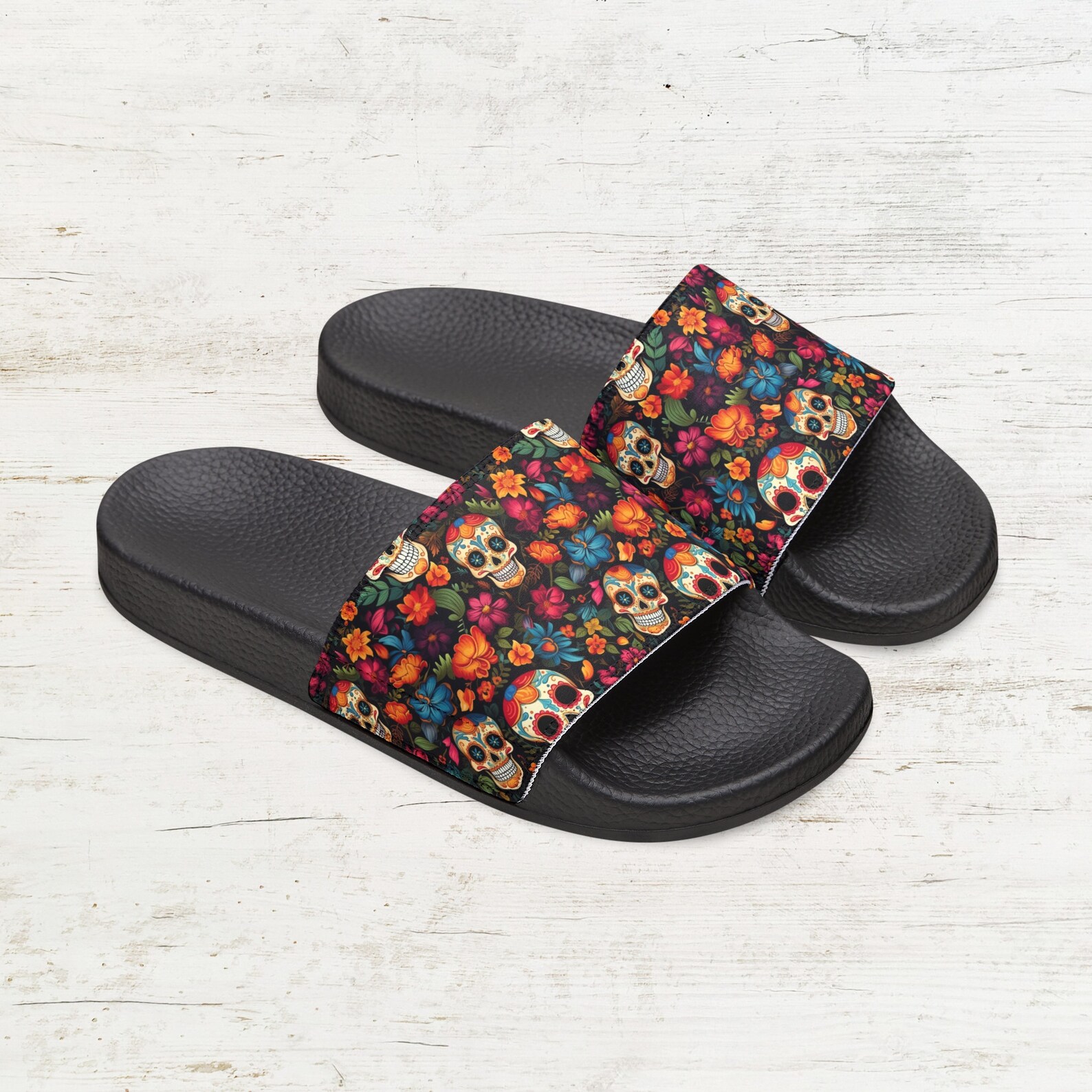 Floral Sugar Skull Art Slide Sandals, Day of the Dead Art Shoes, Women ...