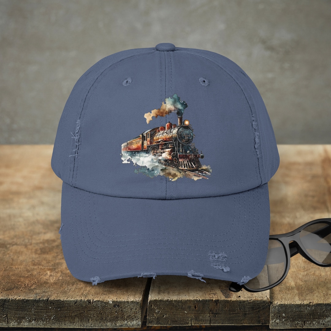 Brown Train Baseball Cap, Watercolor Vintage Train on Adjustable Cotton ...