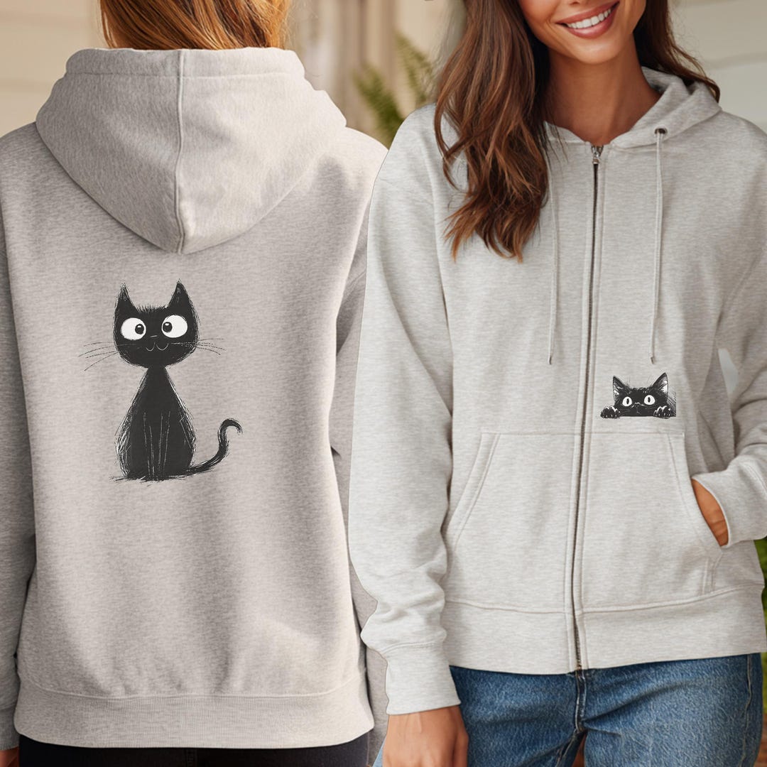 Cute Whimsical Black Cat Jacket, Full Zip Hoodie for Cat Lovers, Cozy ...