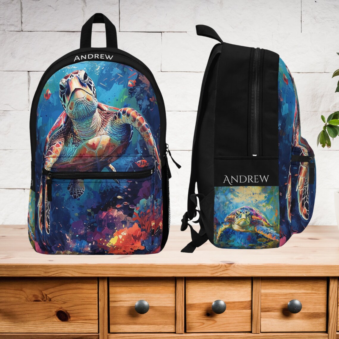 Personalized Sea Turtle Backpack, Ocean Lovers Art Bookbag, Original ...