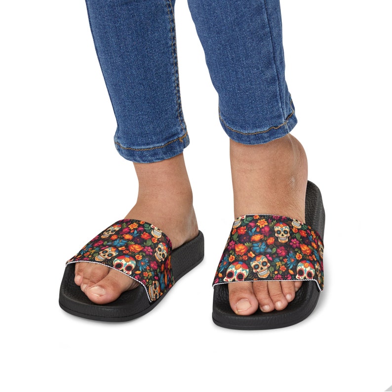 Floral Sugar Skull Art Slide Sandals, Day of the Dead Art Shoes, Women ...