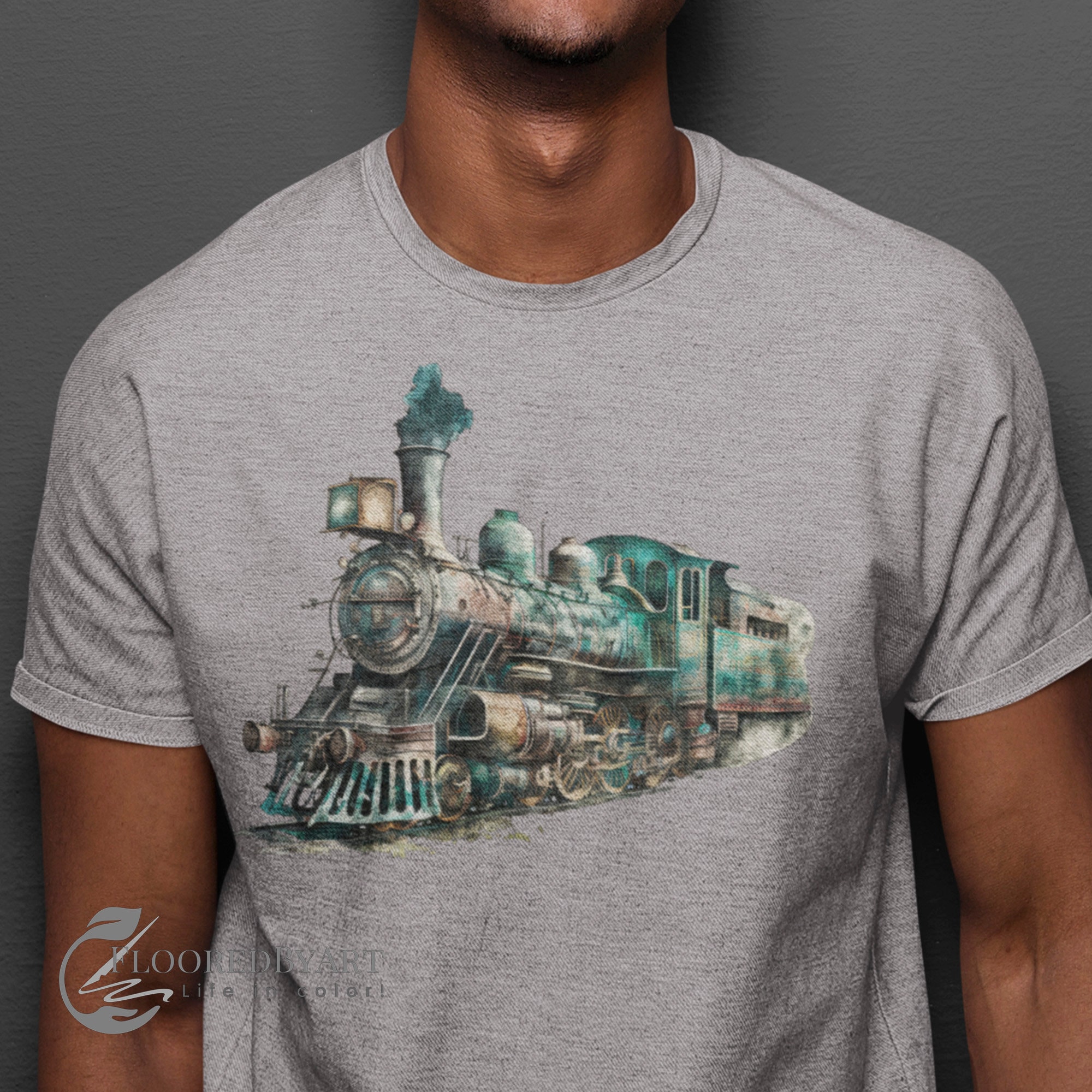 Vintage Train T-shirt, Men's Locomotive Steam Engine Tee, Watercolor ...