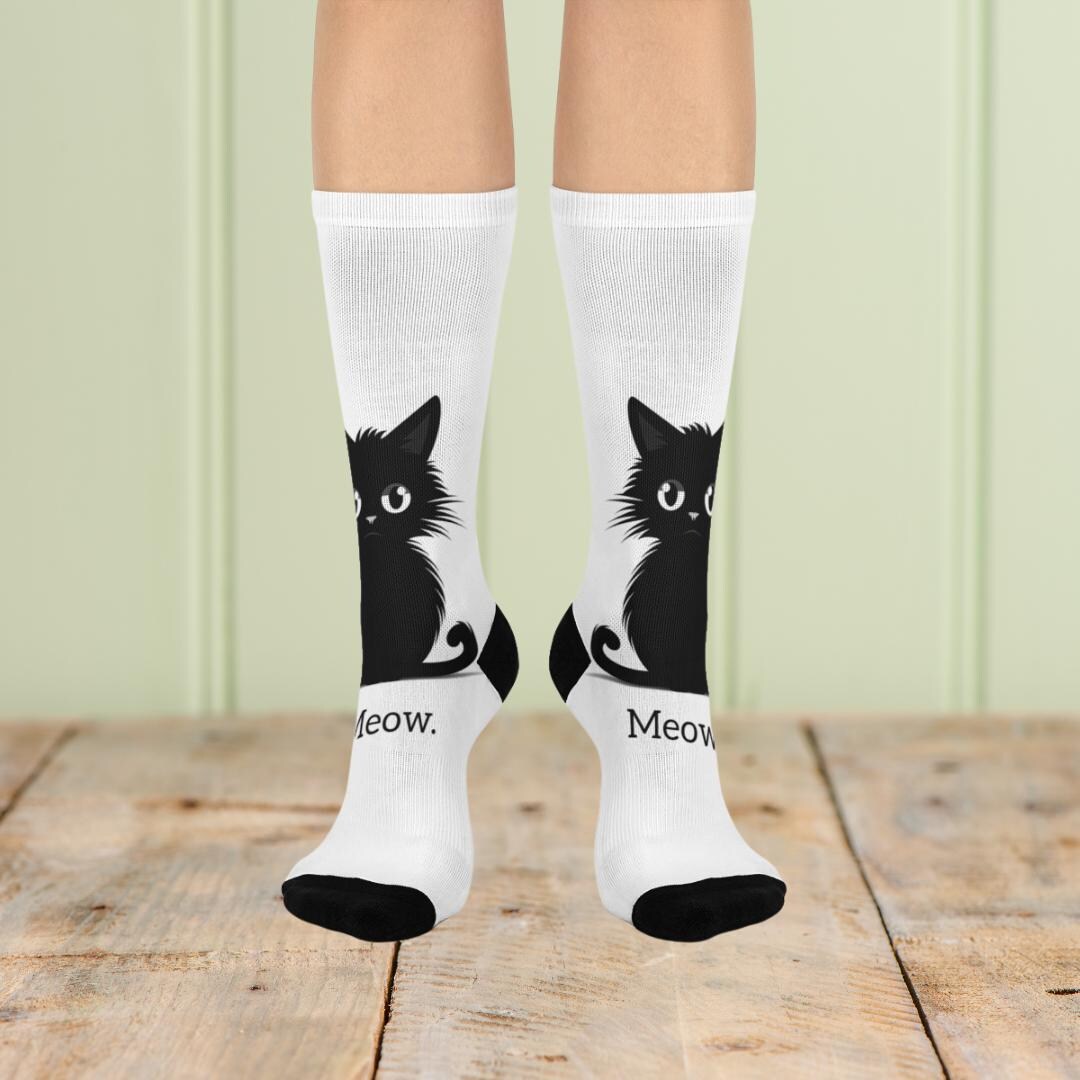 Funny Black Cat Socks With Meow, Cute Fluffy Cat Socks With Word "meow ...