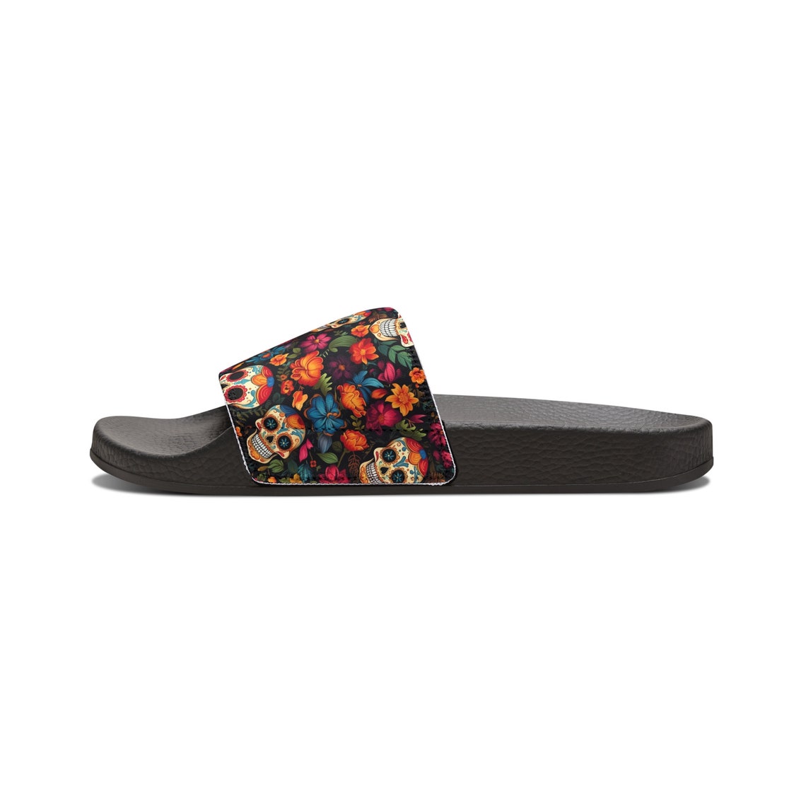 Floral Sugar Skull Art Slide Sandals, Day of the Dead Art Shoes, Women ...