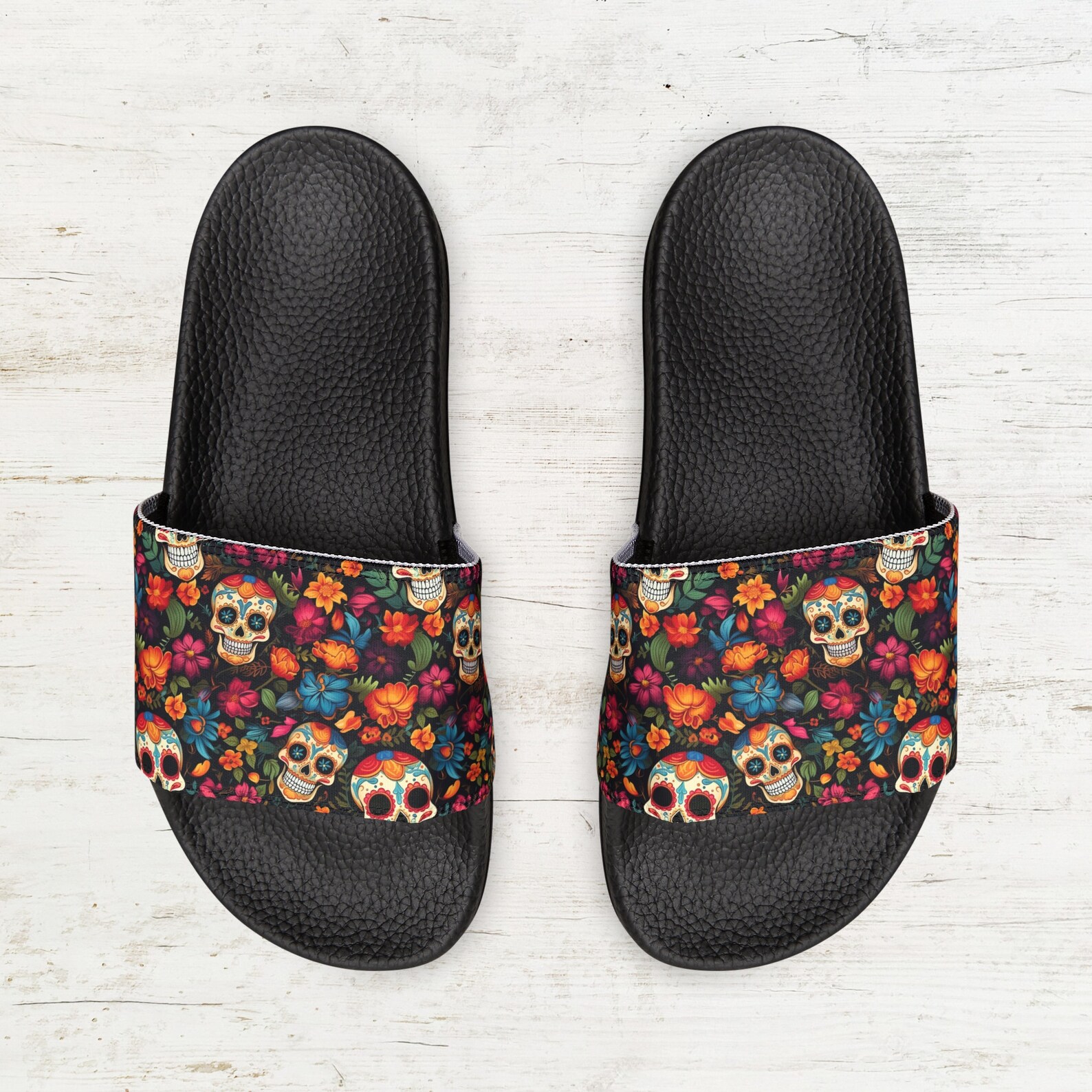 Floral Sugar Skull Art Slide Sandals, Day of the Dead Art Shoes, Women ...