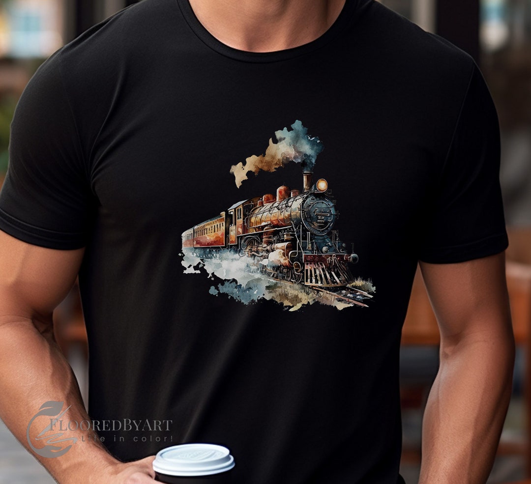 Tall Men's Vintage Bronze Locomotive Train Steam Engine, Watercolor ...