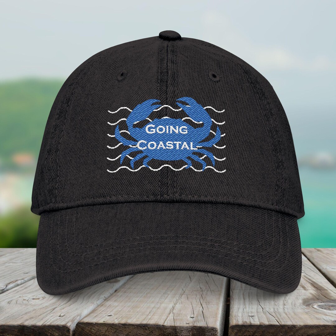 Coastal Crab Embroidered Denim Hat, Beach Hat, Comfy Summer Accessory ...