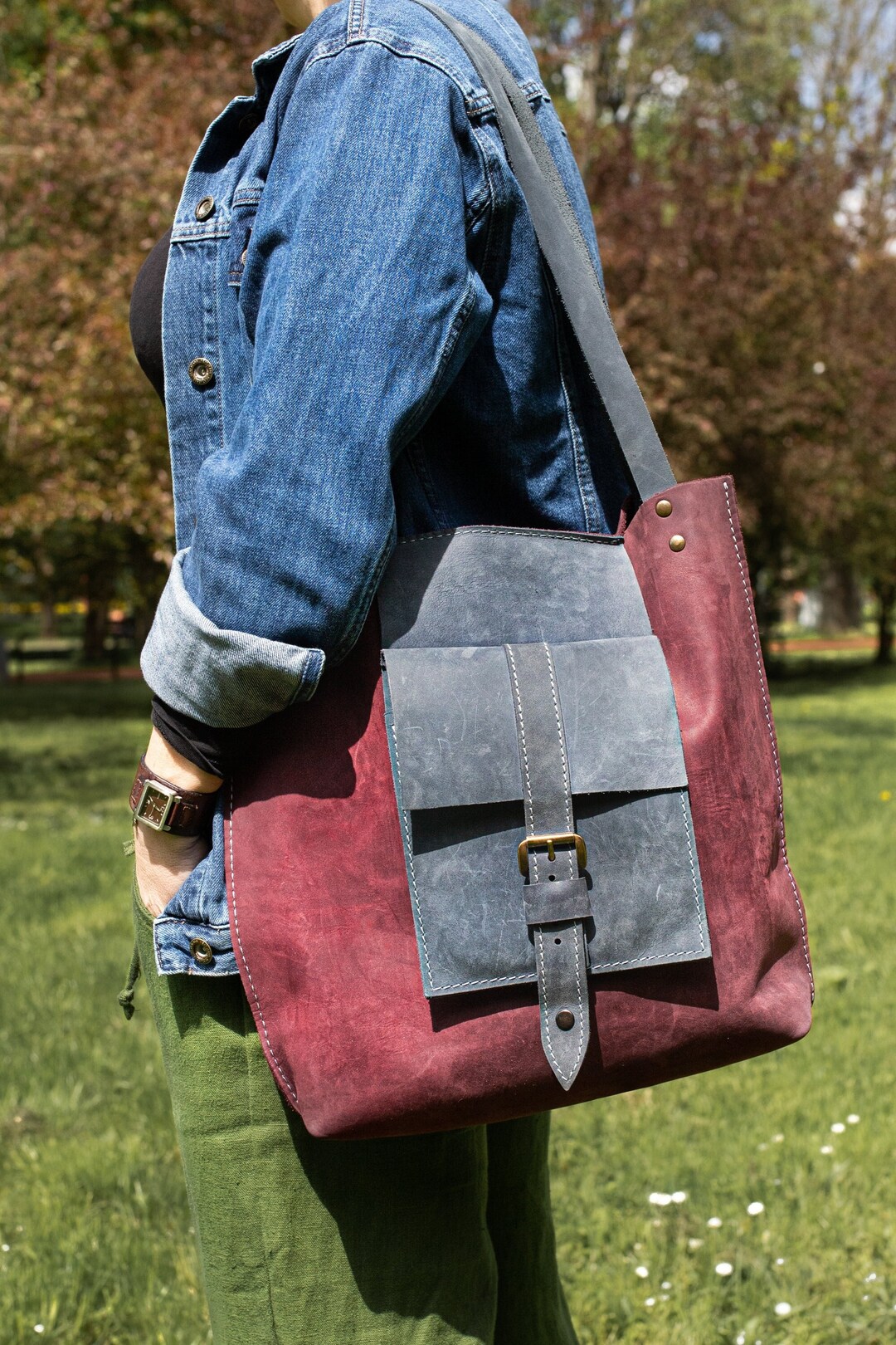 Handmade Leather Tote Bag, Burgundy Work Bag With Pocket - Etsy