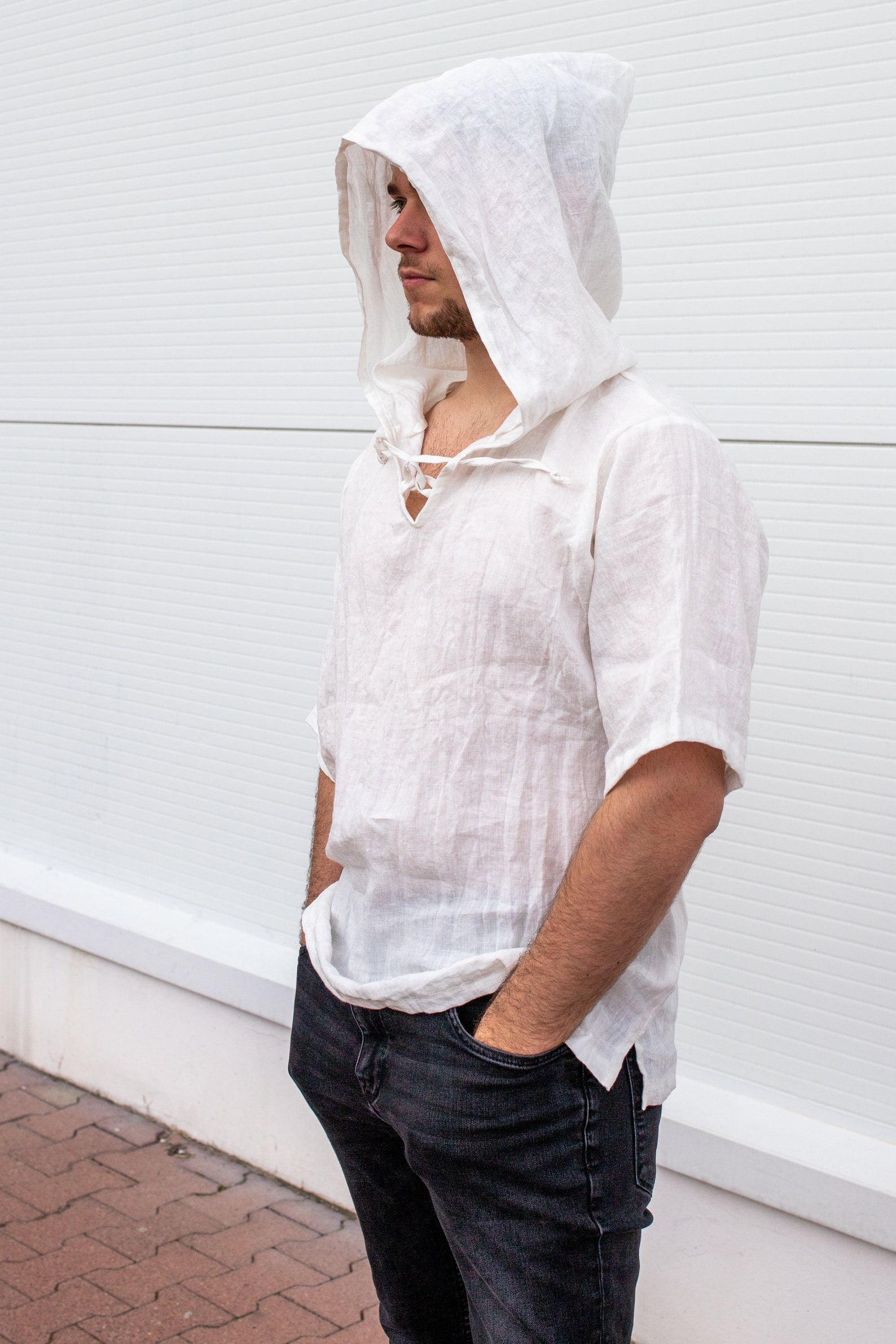 Hooded Linen Shirt, White Mage Style, Mens Cleric Tunic, Summer Hood ...