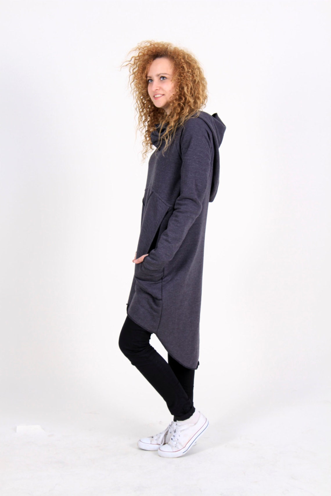 Asymmetrical Hoodie Dress, Avant Garde Gray Cotton Tunic, Plus Size ...