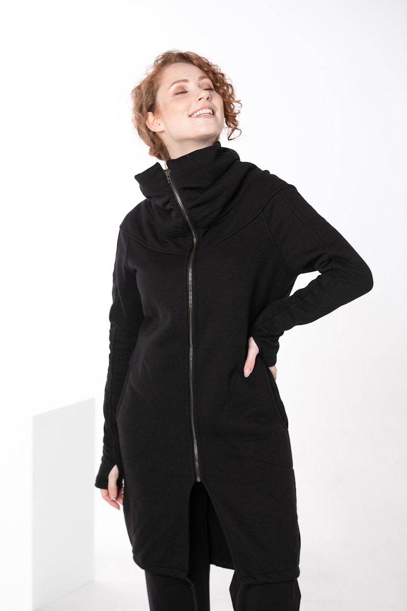 Black Long Jacket, Zipper Cotton Coat, High Neck Coat, Plus Size ...