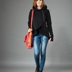 Black Wrap Jacket, Womens Clothing, Asymmetrical Wrap Jacket, Big Hood ...
