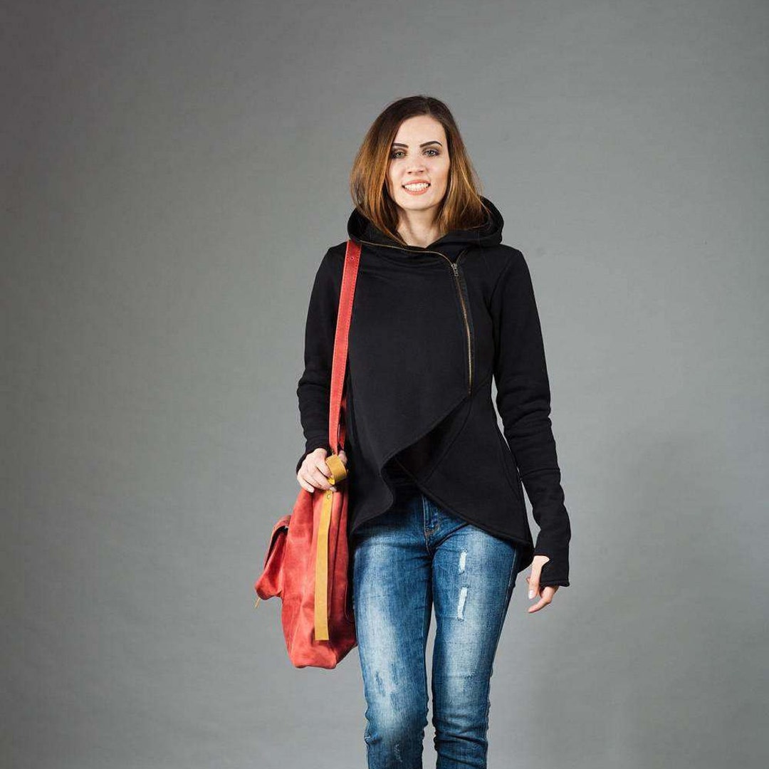 Black Wrap Jacket, Womens Clothing, Asymmetrical Wrap Jacket, Big Hood ...