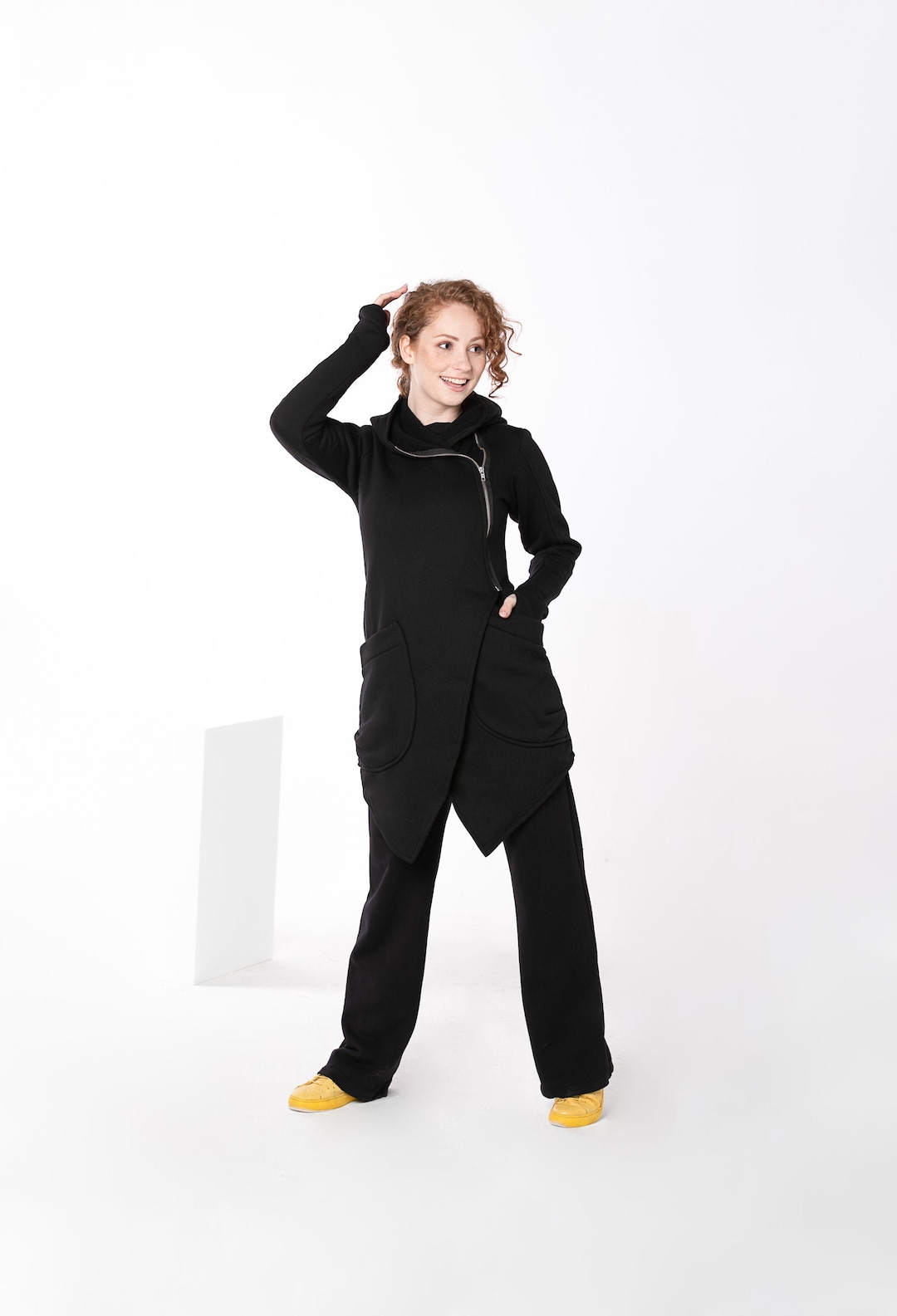 Black Asymmetrical Jacket, Hoodie Coat Women, Custom Text Label, Moto ...