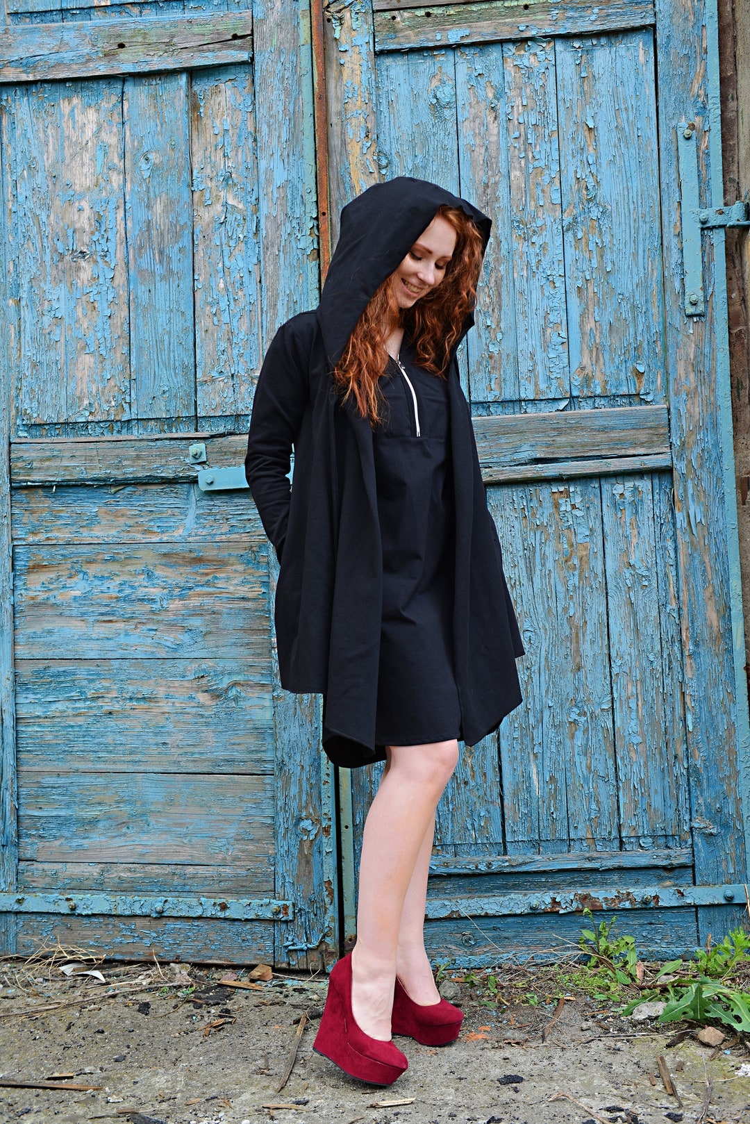 Black Hooded Cardigan, Cloak With Hood, Edgy Clothing, Women Hooded ...
