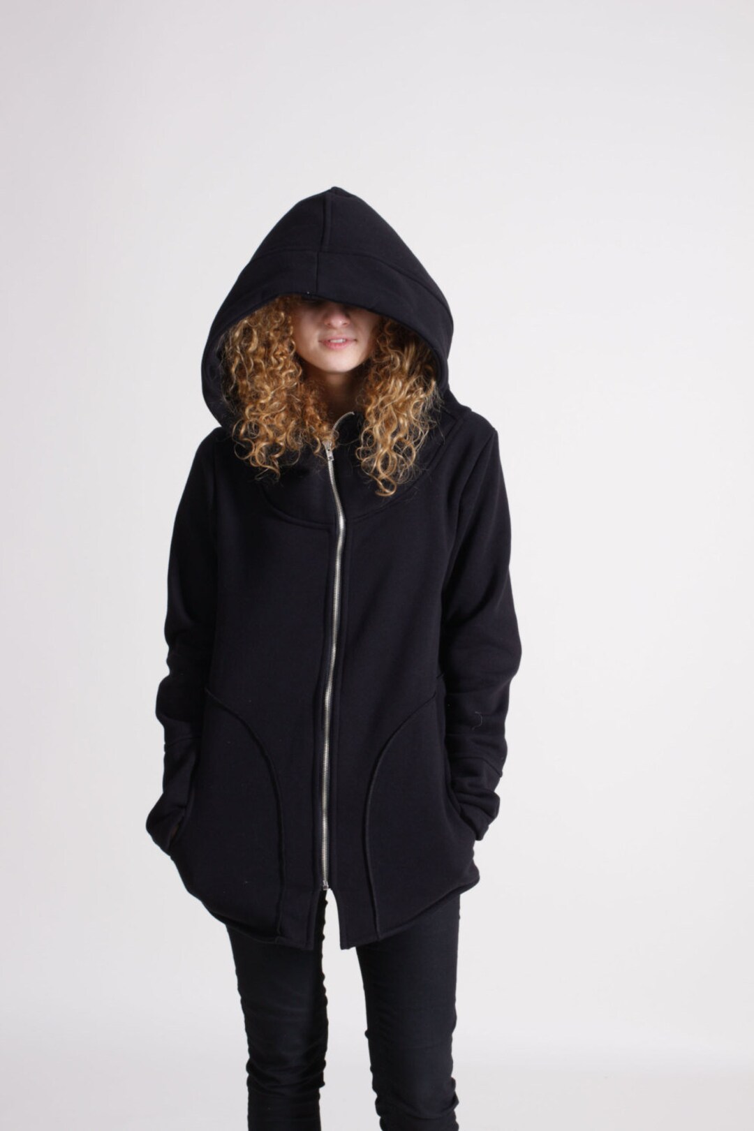 Black Cotton Hoodie, Big Hood, Zipper Coat, Plus Size Clothing - Etsy