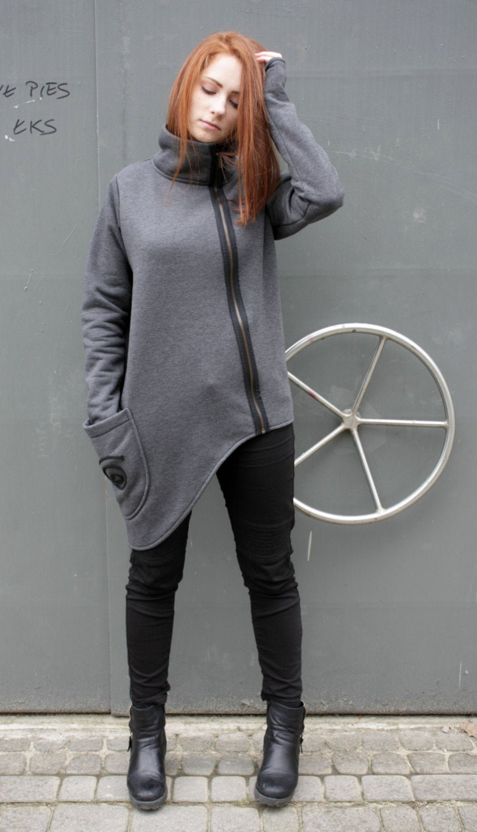 Asymmetric Sweatshirt, Gray Sweatshirt, Plus Size Clothing, Winter ...