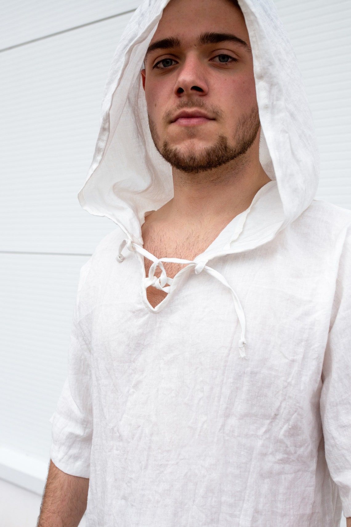Hooded Linen Shirt, White Mage Style, Mens Cleric Tunic, Summer Hood ...