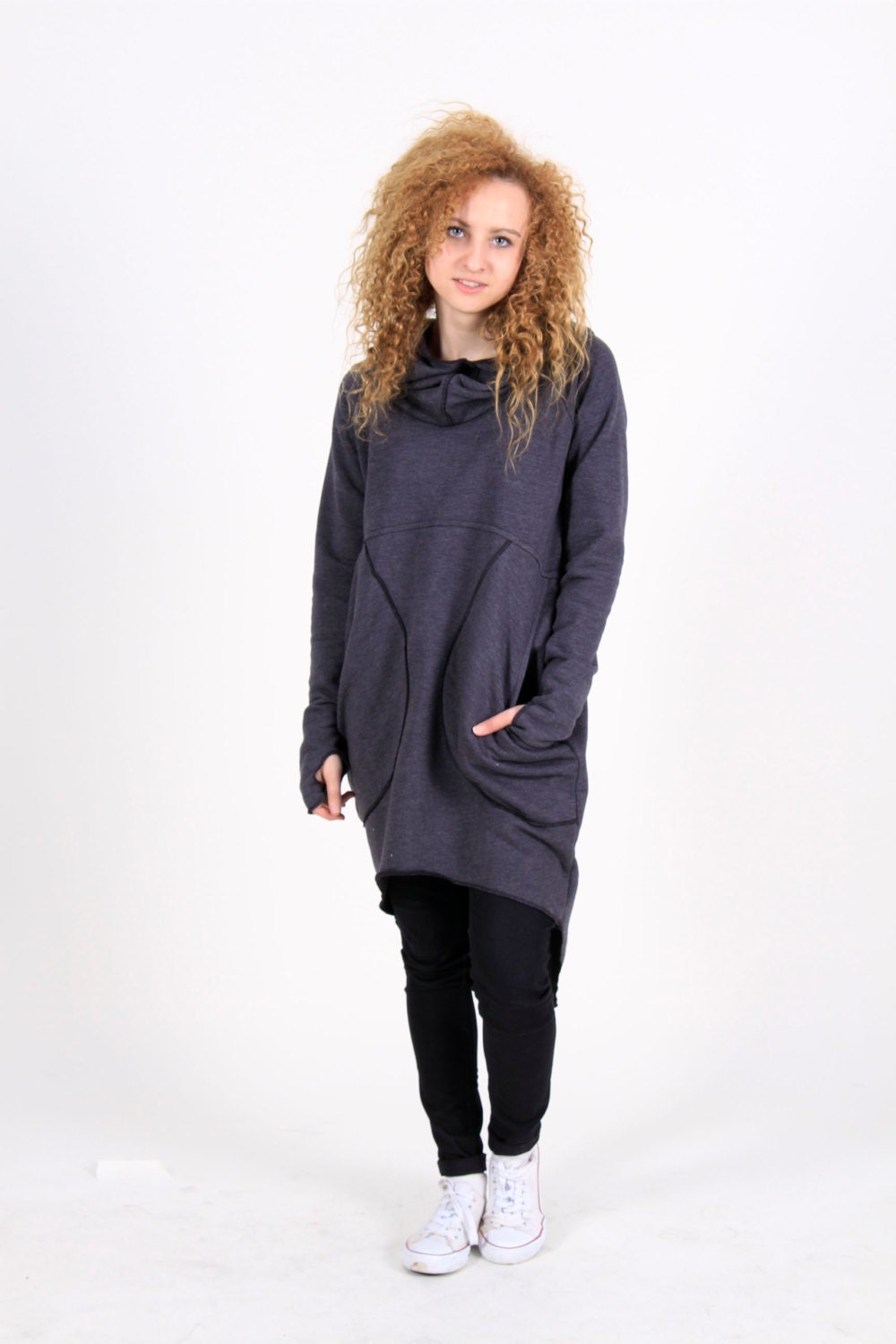 Asymmetrical Hoodie Dress, Avant Garde Gray Cotton Tunic, Plus Size ...