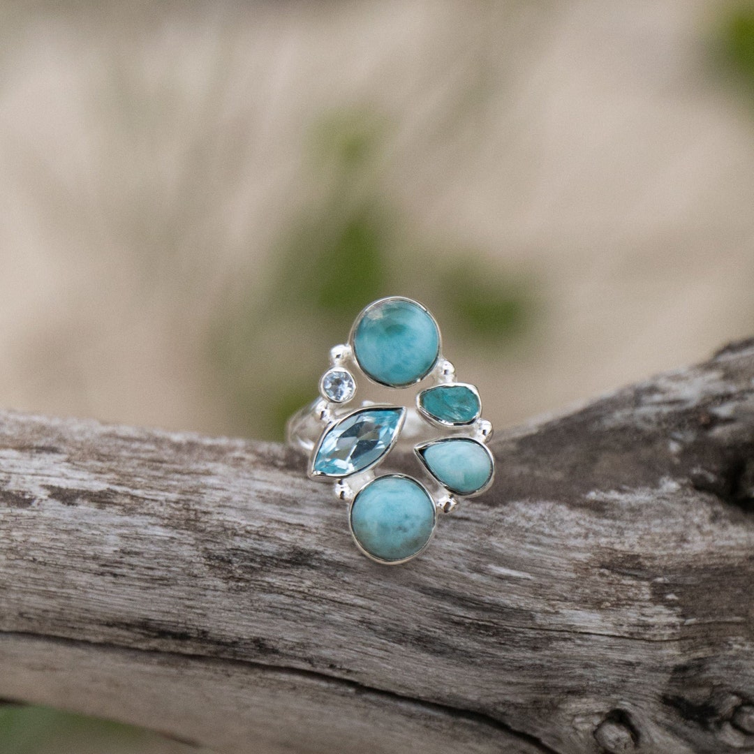 Multi Gemstone Ring With Larimar, Topaz and Raw Apatite in Sterling ...