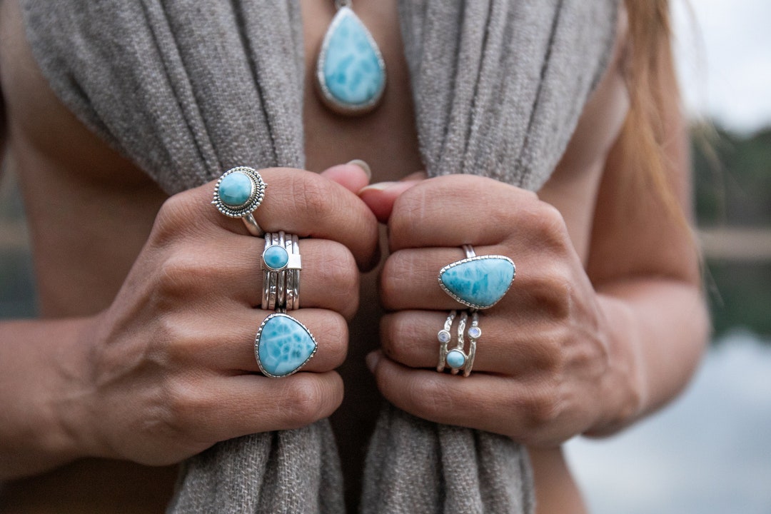 Unique Three Band Ring With Larimar and Rainbow Moonstone in Sterling ...
