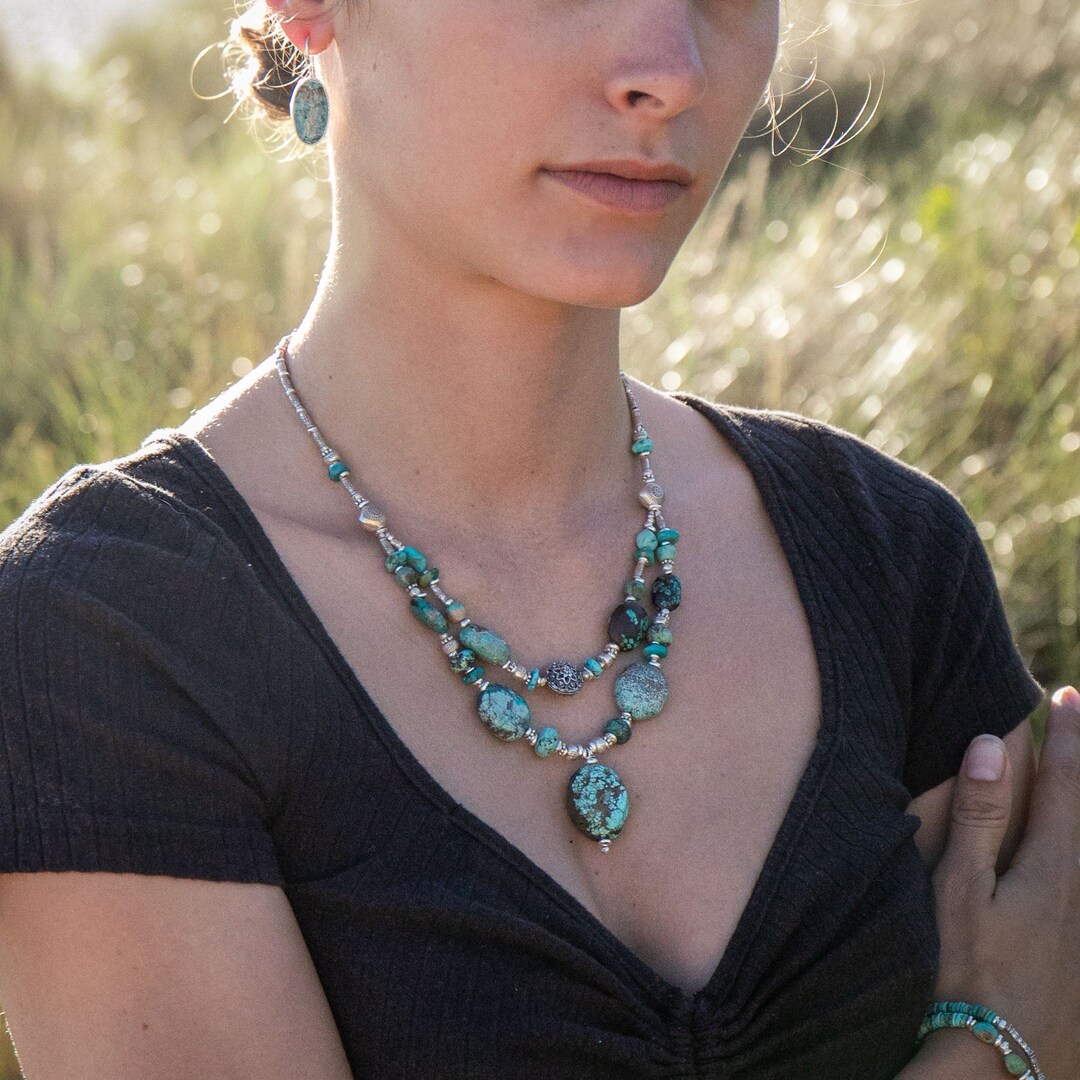 Statement Chunky Natural Turquoise Necklace With Thai Hill Tribe and ...