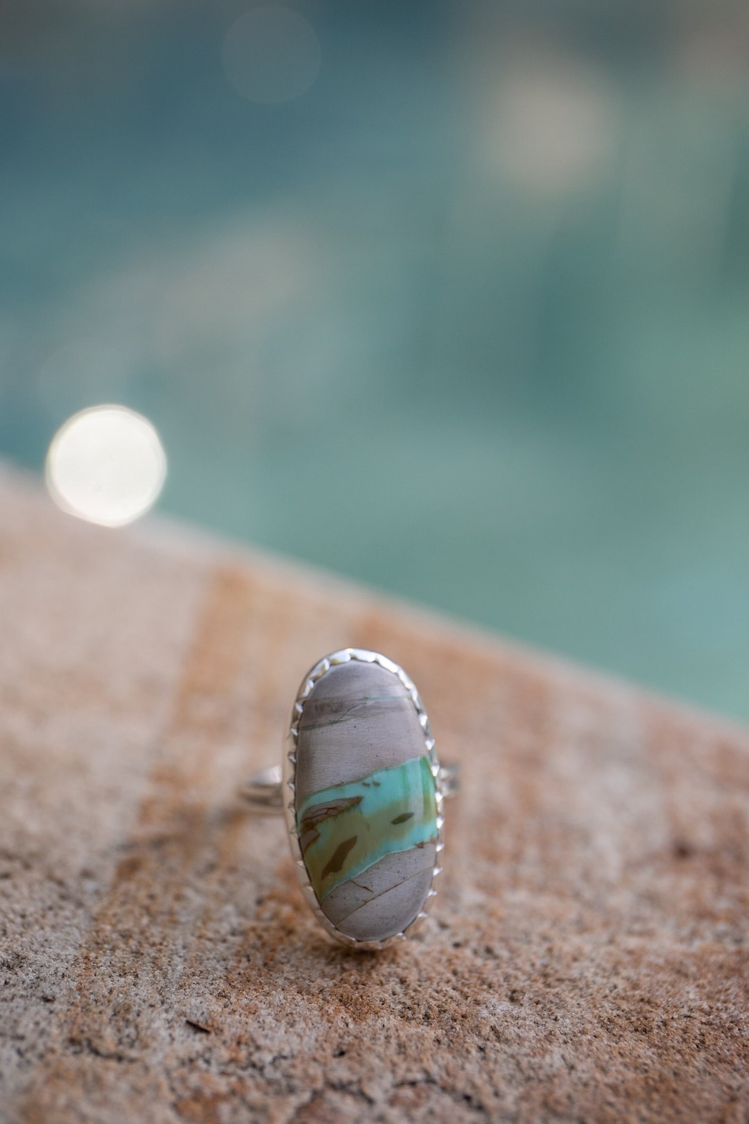 Sweet Oval Variscite Ring Set in Unique Sterling Silver Setting - Size ...