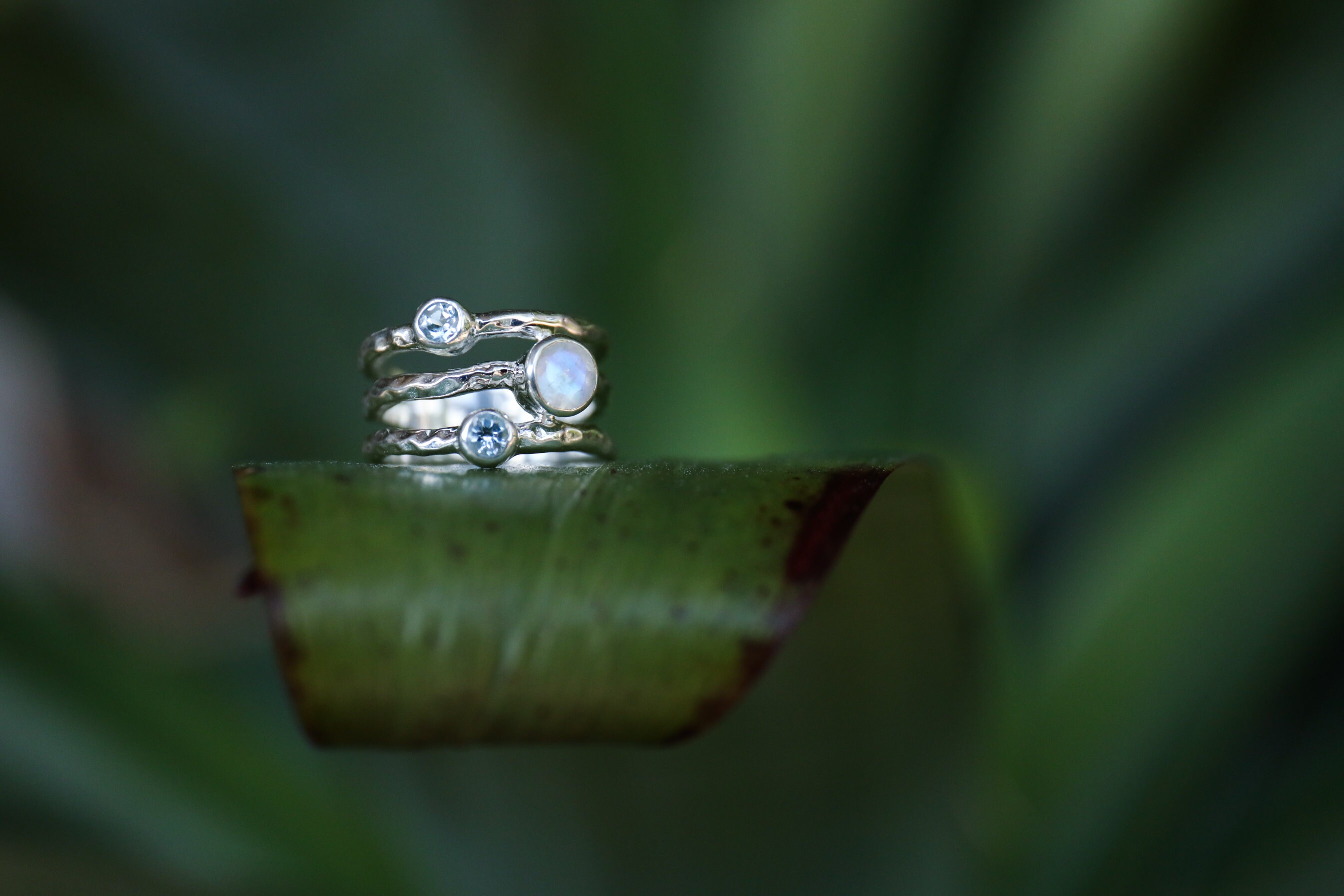 Three Band Rainbow Moonstone and Topaz Ring Set in Unique | Etsy