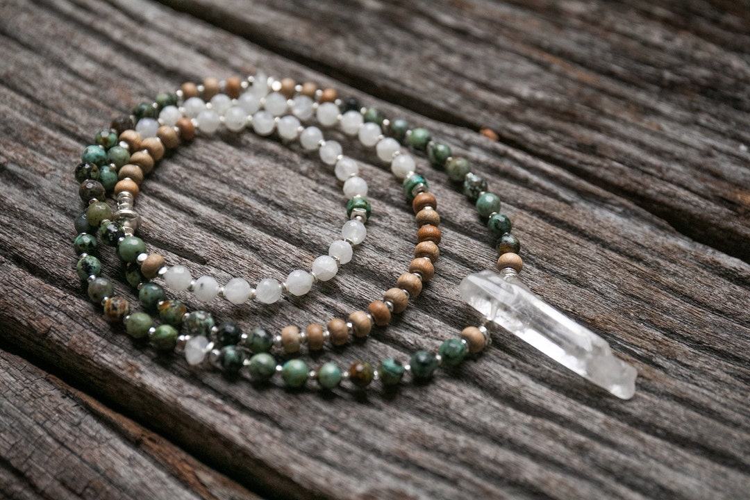African Turquoise, Rainbow Moonstone Wood Asymmetrical 108 Mala ...