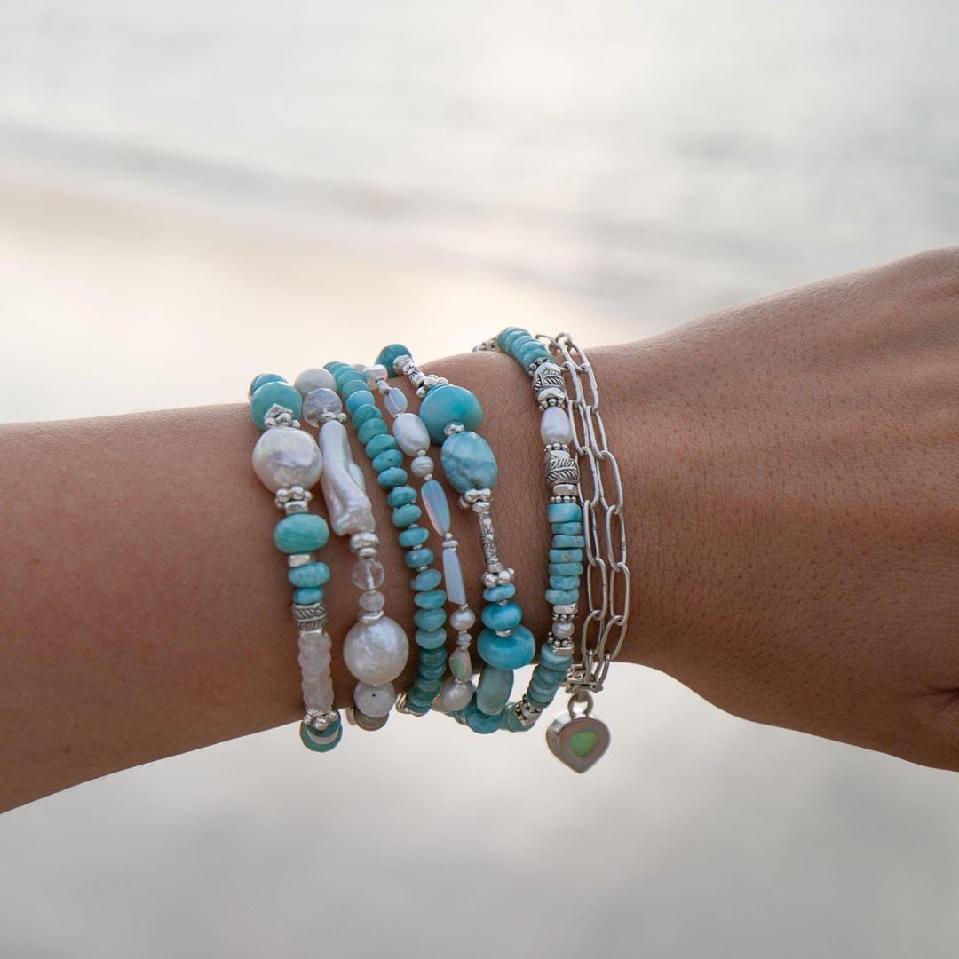 Beaded Larimar, Pearl and Tribal Thai Hill Tribe Silver Bracelet - Etsy