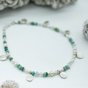 Beaded Aquamarine, Freshwater Pearl and Chrysocolla Anklet With Thai ...